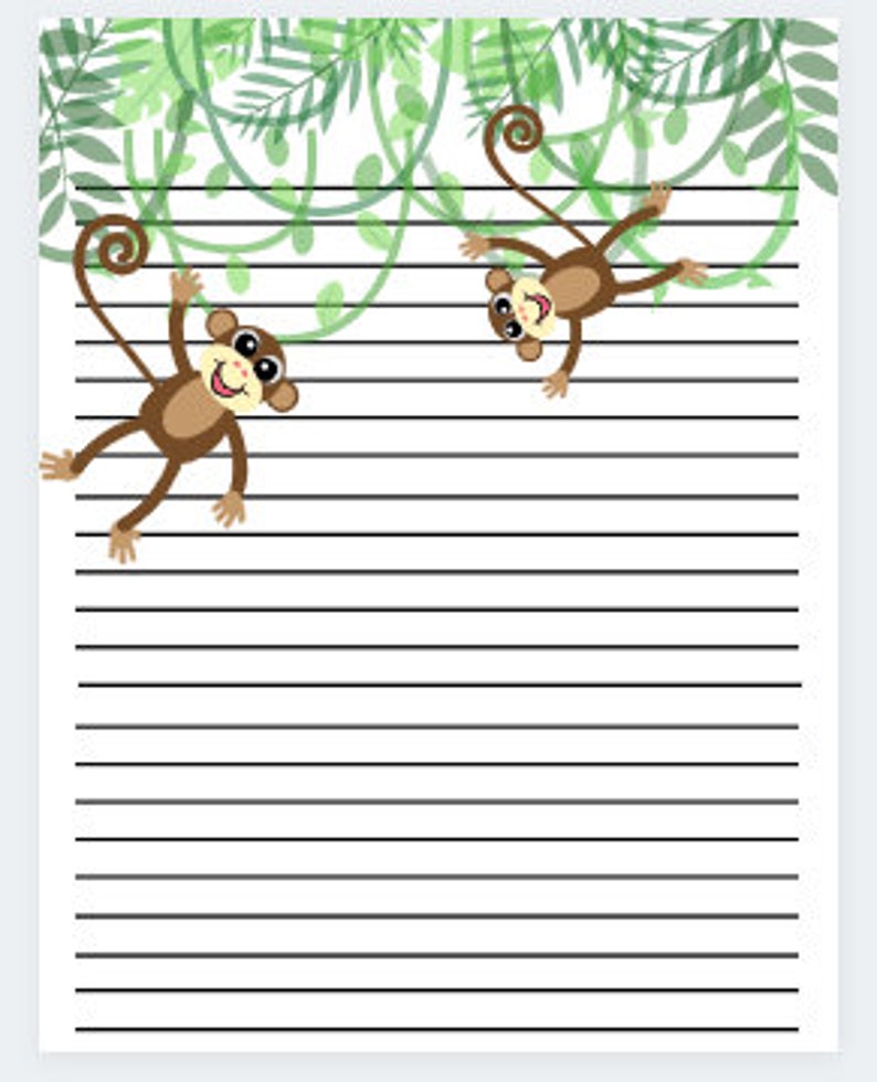 Printable Jungle Monkey Letter Writing Paper Lined and Unlined Digital ...