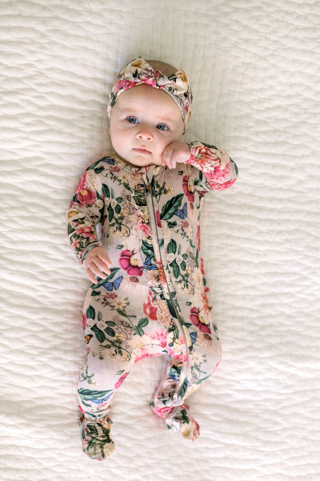 Floral Bamboo Baby Sleeper: Ruffled Zipper, Footed One-piece - Etsy