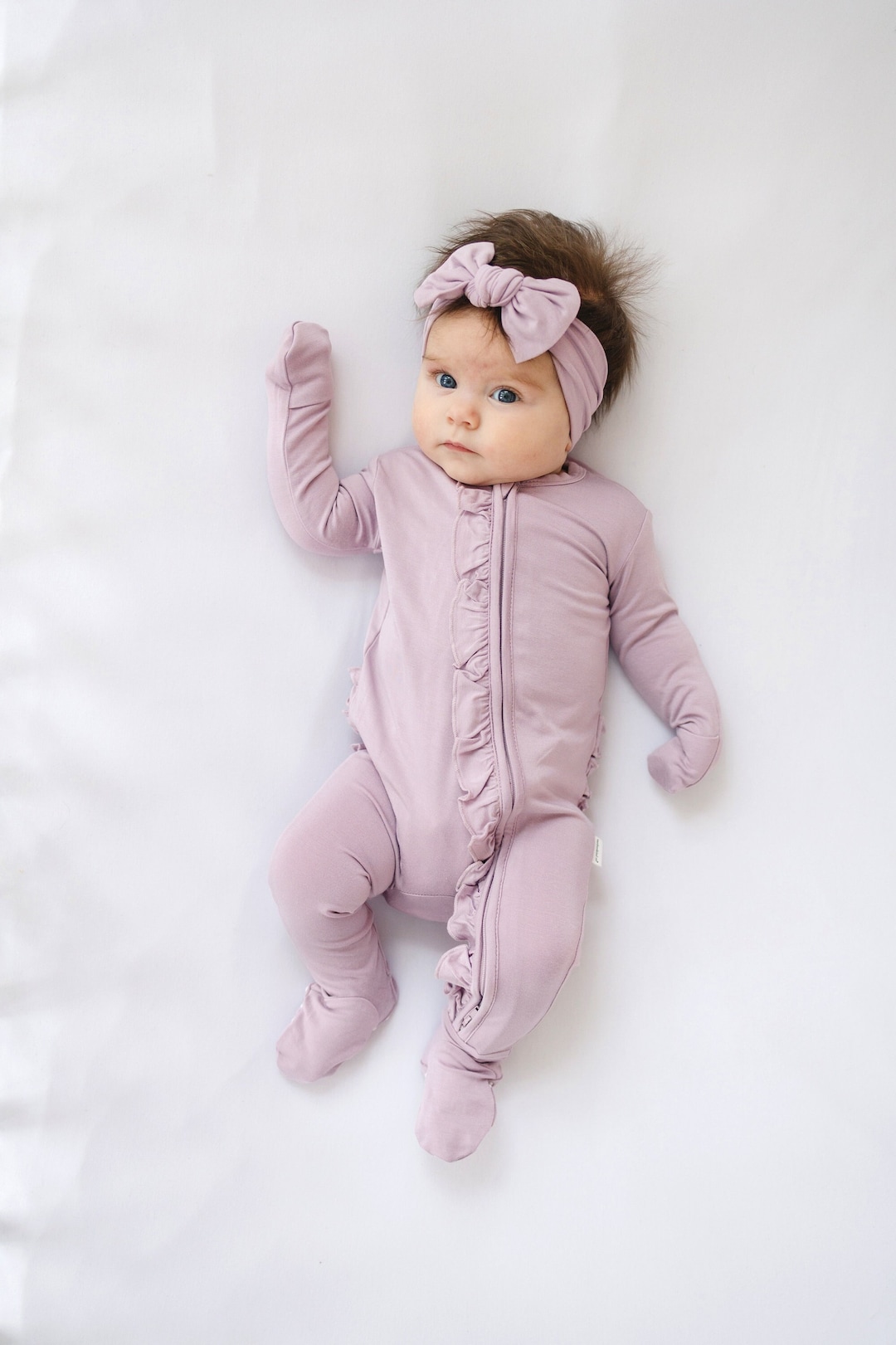 Dusty Lavender Ruffle Bamboo Footie Pajamas, Reversible Zipper Baby ...