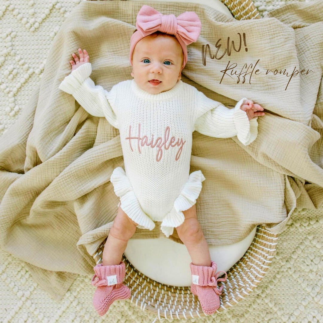 Keepsake Embroidered Knit Ruffle Romper – Personalized Newborn Outfit ...
