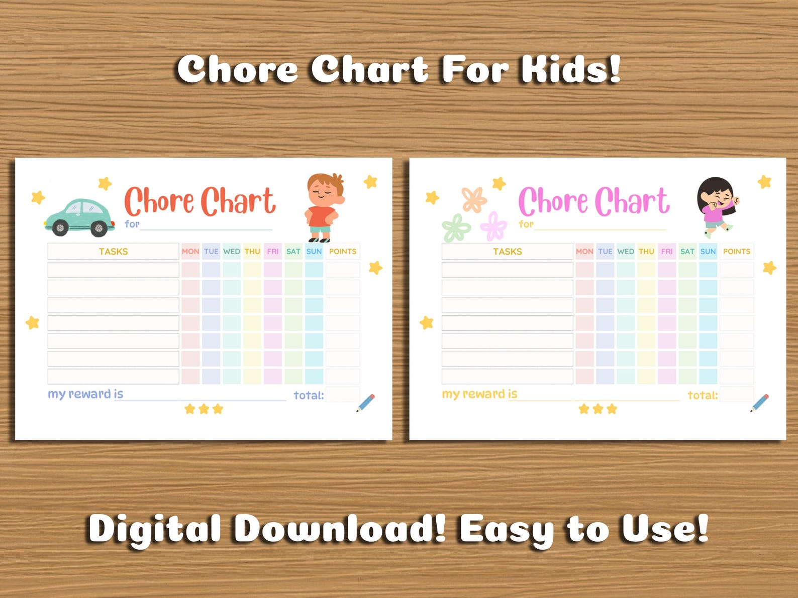 Printable Kids Chore Chart | Boy & Girl Versions | Customizable Reward ...