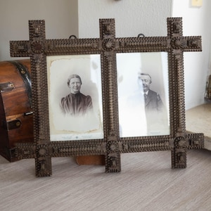 Tramp Art Frame Double Picture Holder Antique Folk Art Hand Carved Wall ...