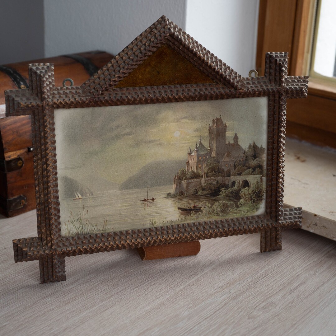 Tramp Art Frame - Carved Wood Picture Frame With Velvet - Antique Folk ...