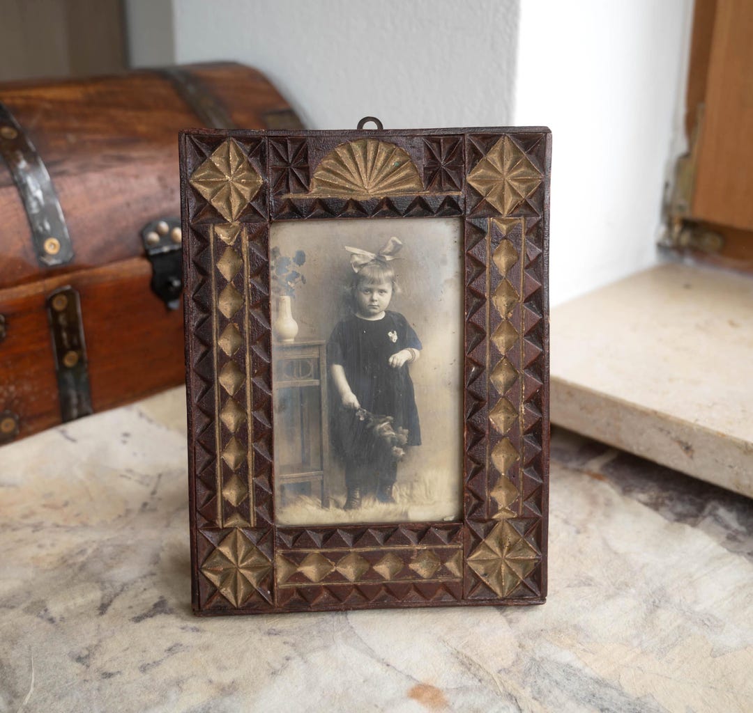 Antique Carved Wood Frame - Criss Cross Photo Frame - Tramp Art Decor ...