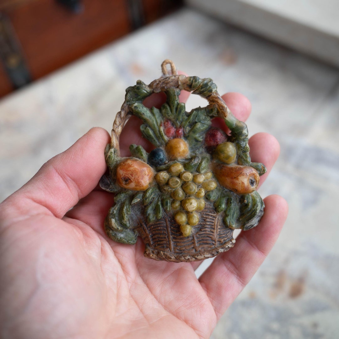 German Wax Art - Plaque Wall Art Fruit Basket - Carved Wax Mold Relief ...