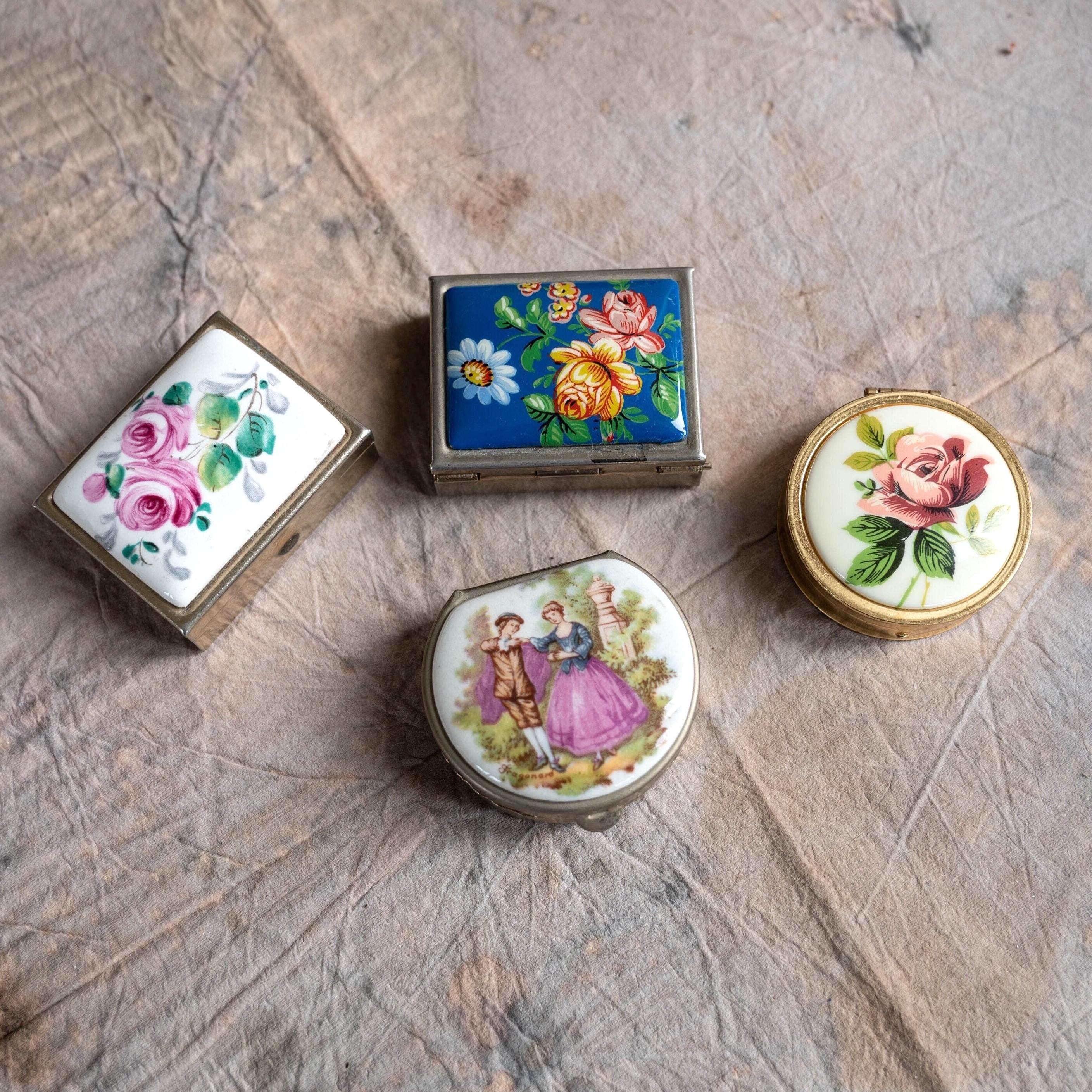 Porcelain Pill Box Vintage Metal Pill Holder Tiny Enamel Trinket Box - Etsy