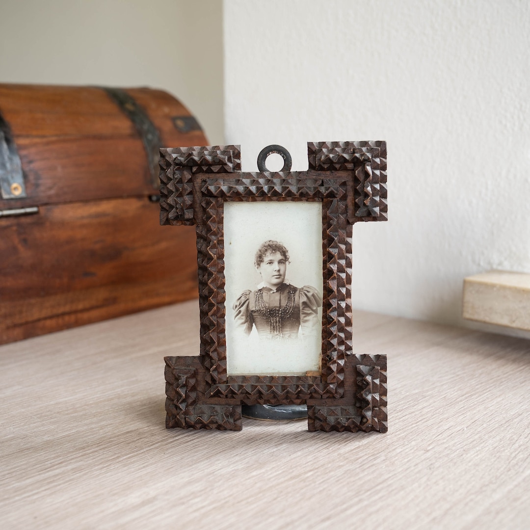 Antique Tramp Art Frame Wooden Folk Art Small Rustic Frame Handcarved ...
