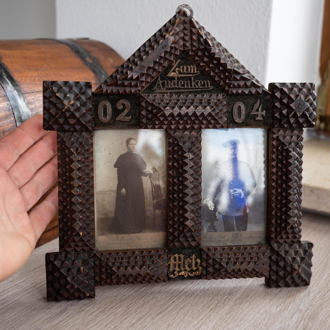 Double Tramp Art Picture Frame - Carved Wood Photo Holder for Wall ...