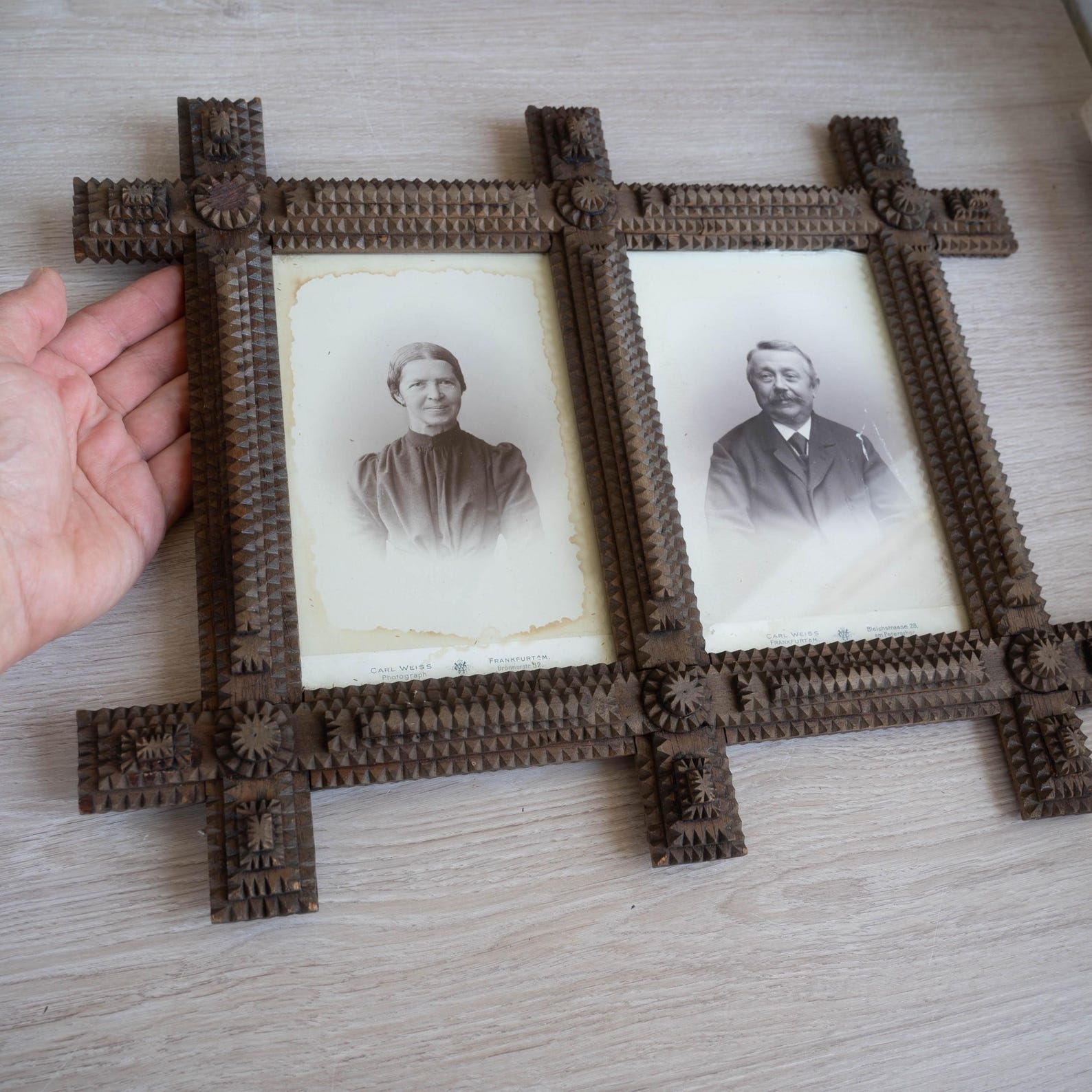 Tramp Art Frame Double Picture Holder Antique Folk Art Hand Carved Wall ...