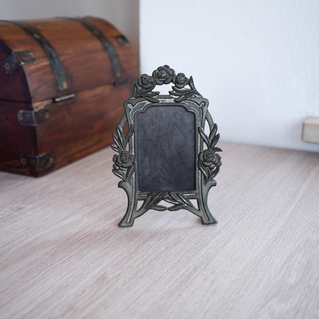 Pewter Photo Frame - Floral Tabletop Frame With Roses - Gothic Black ...