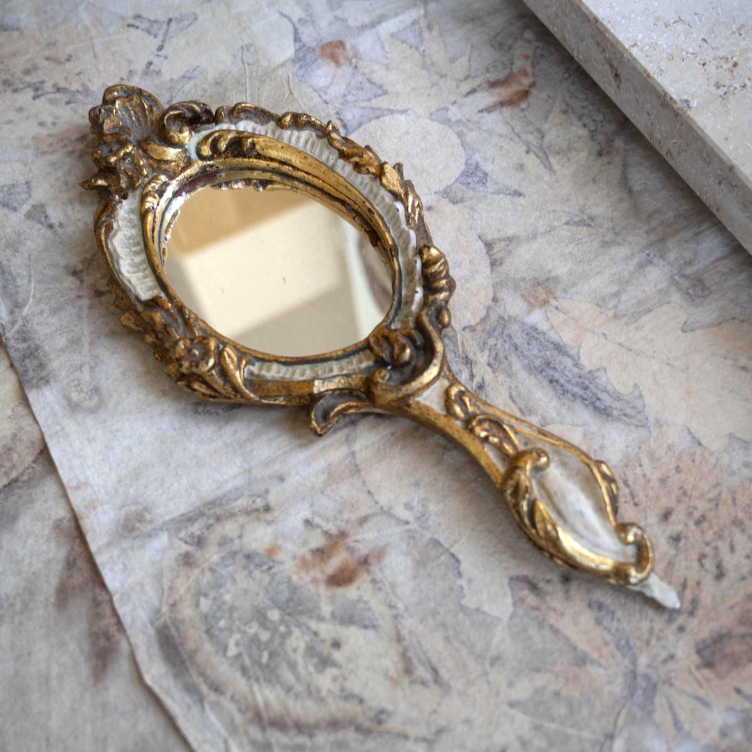 Antique Ornate Hand Mirror Gold Floral Wood Handheld Mirror Italian ...
