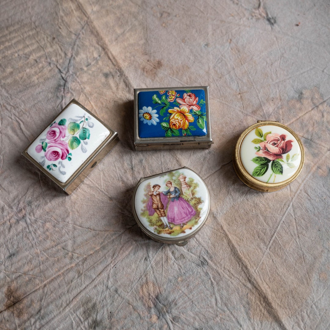 Porcelain Pill Box Vintage Metal Pill Holder Tiny Enamel Trinket Box - Etsy