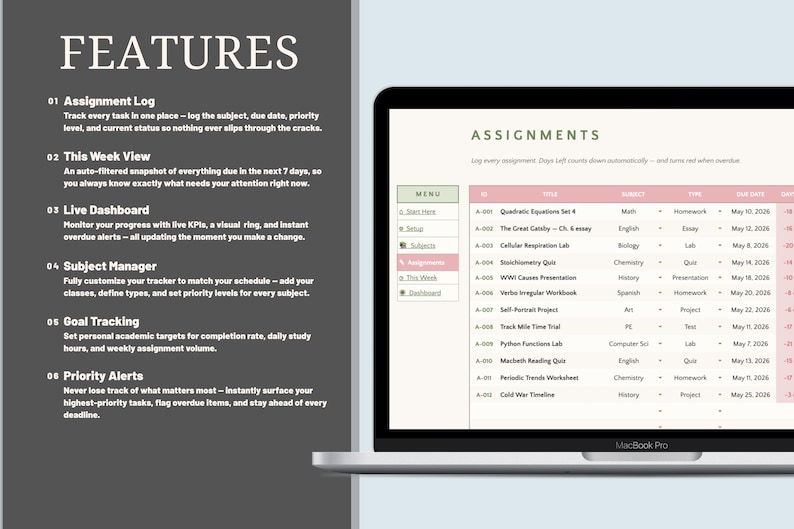 Student Assignment Tracker Google Sheets Homework Planner Student ...