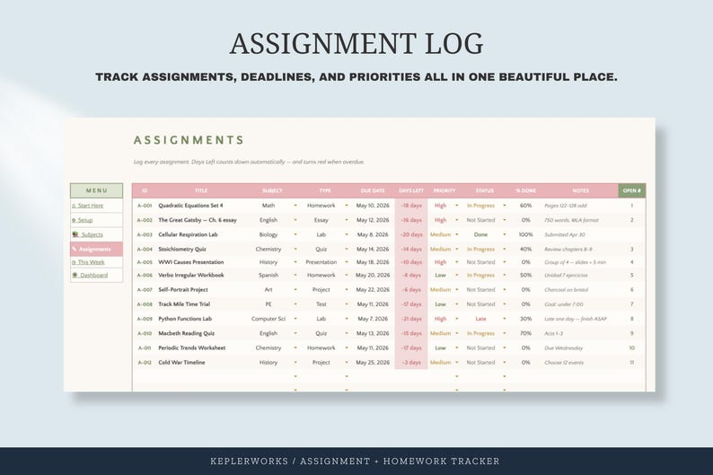 Student Assignment Tracker Google Sheets Homework Planner Student ...