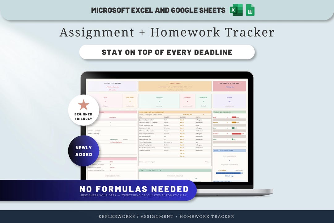 Student Assignment Tracker Google Sheets Homework Planner Student ...