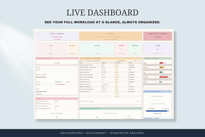 Student Assignment Tracker Google Sheets Homework Planner Student ...
