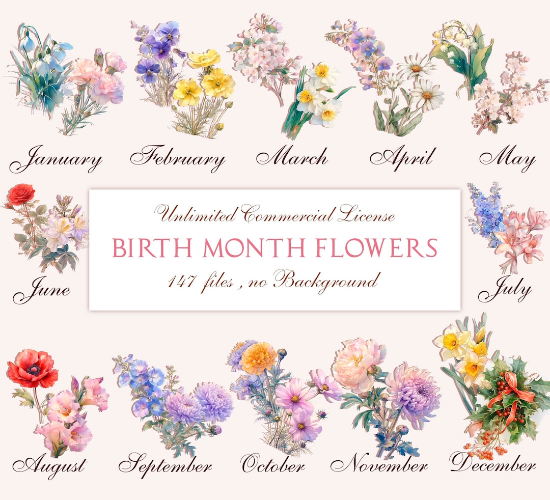 Birth Month Flower Clipart, Birth Flower PNG, Antique Floral PNG ...