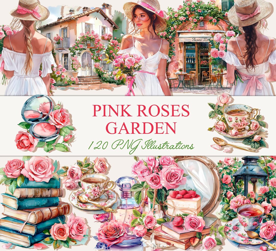 Watercolor Pink Rose Garden Clipart PNG, Cottagecore Clipart, Summer ...