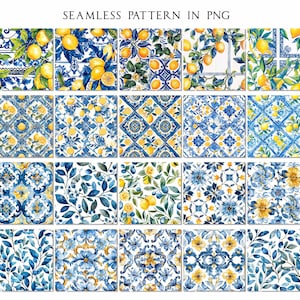 Watercolor Lemon Clipart, Mediterranean Tile Seamless Pattern,summer ...