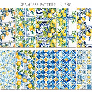 Watercolor Lemon Clipart, Mediterranean Tile Seamless Pattern,summer ...