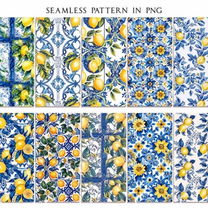 Watercolor Lemon Clipart, Mediterranean Tile Seamless Pattern,summer ...