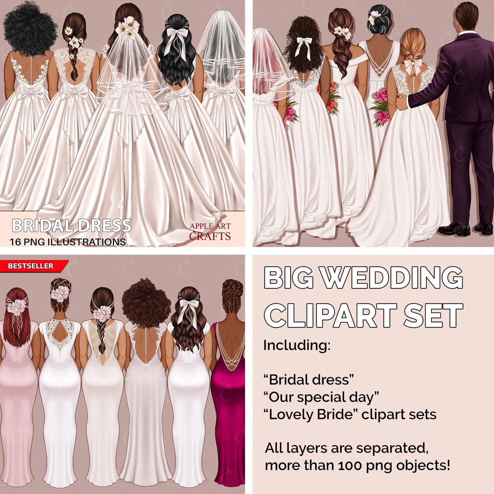 Wedding Clipart, Custom Bride and Bridesmaid Clipart Bundle,wedding ...