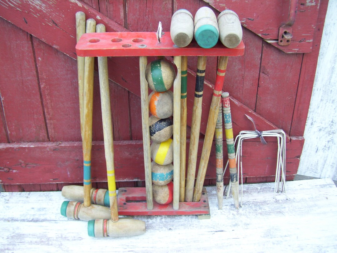 6 Player Croquet Set Red Wood Stand Rademaker Striped Mallets Lawn ...