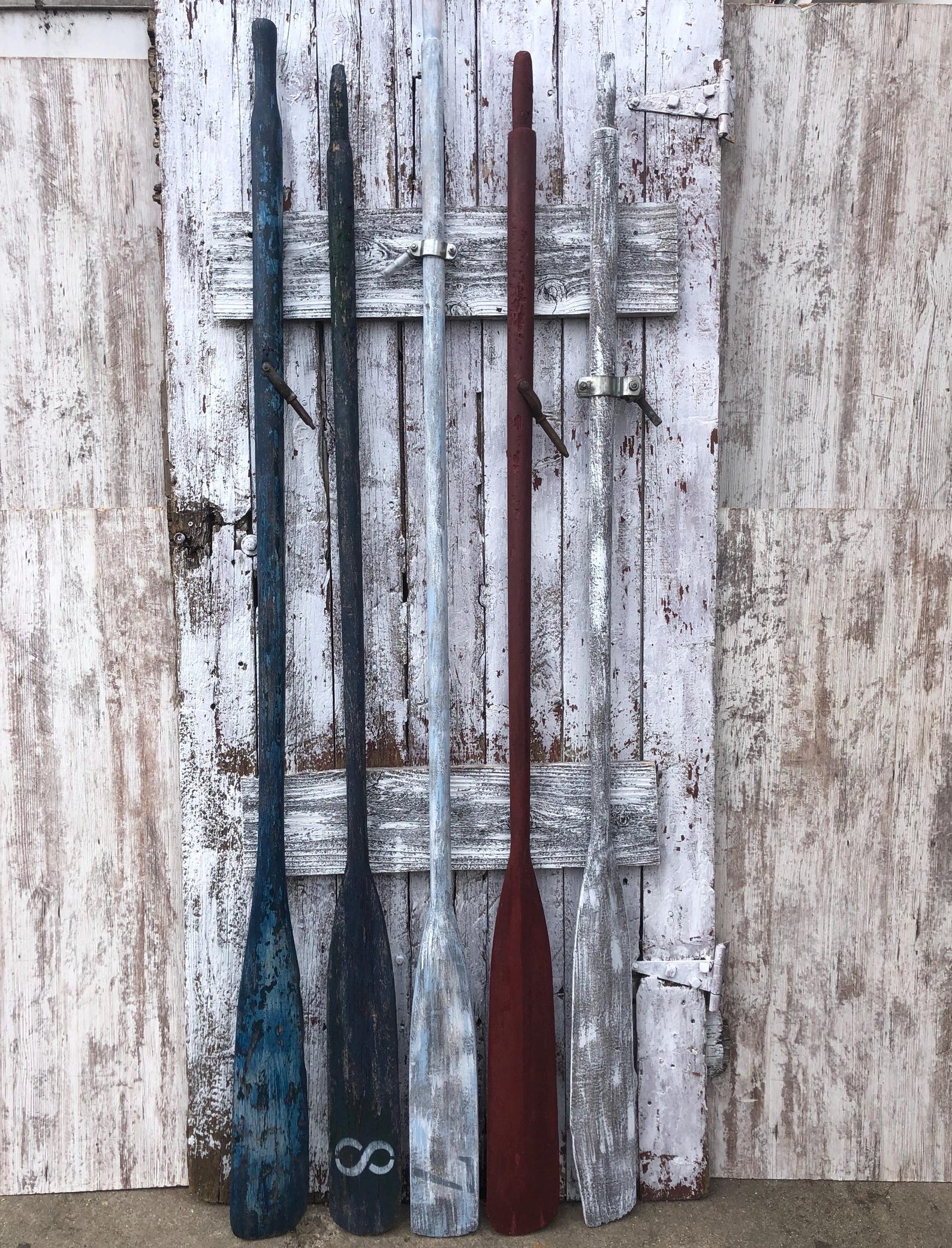 Vintage 66" Wood Boat Oar Red Painted Paddles Wynn Locks 77" Sage Olive ...