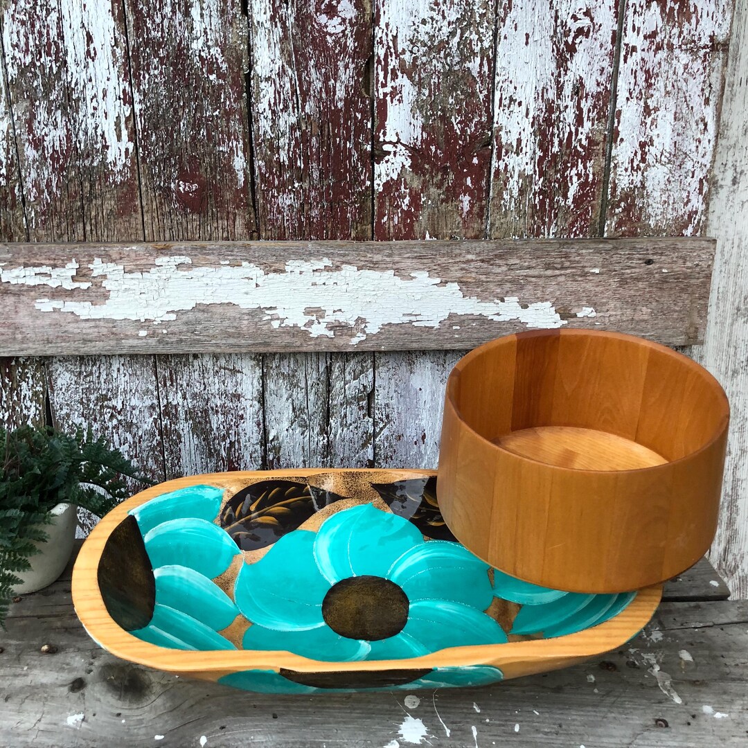 Carved Wood Bowl Turquoise Floral OR Dansk Danish Potpourri Display ...
