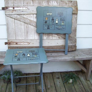 4 Blue Scheibe Wood TV Trays Colonial Heritage Hancock MA Theme Folding ...