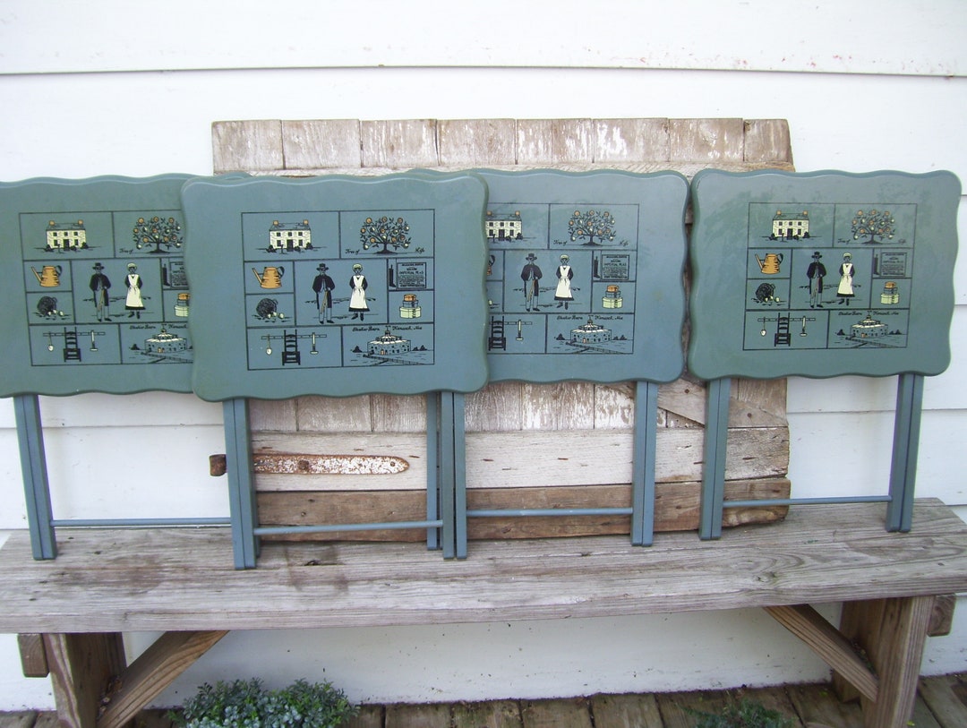 4 Blue Scheibe Wood TV Trays Colonial Heritage Hancock MA Theme Folding ...