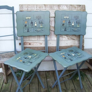 4 Blue Scheibe Wood TV Trays Colonial Heritage Hancock MA Theme Folding ...