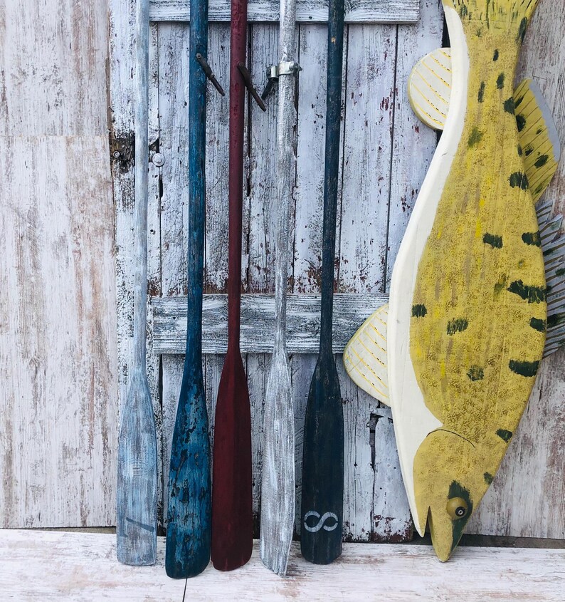 Vintage 66" Wood Boat Oar Red Painted Paddles Wynn Locks 77" Sage Olive ...