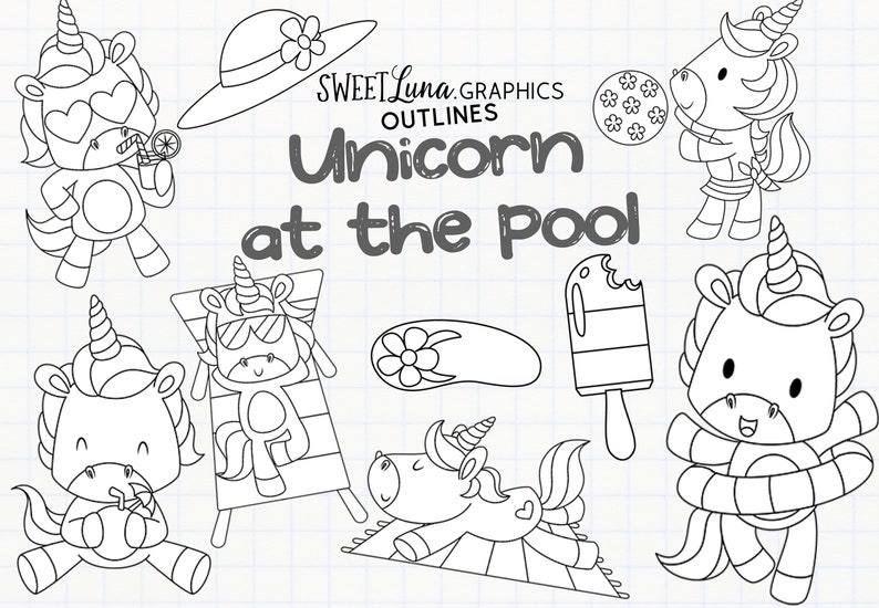 Unicorn at the Pool Outlines Clipart Pool Party Party - Etsy
