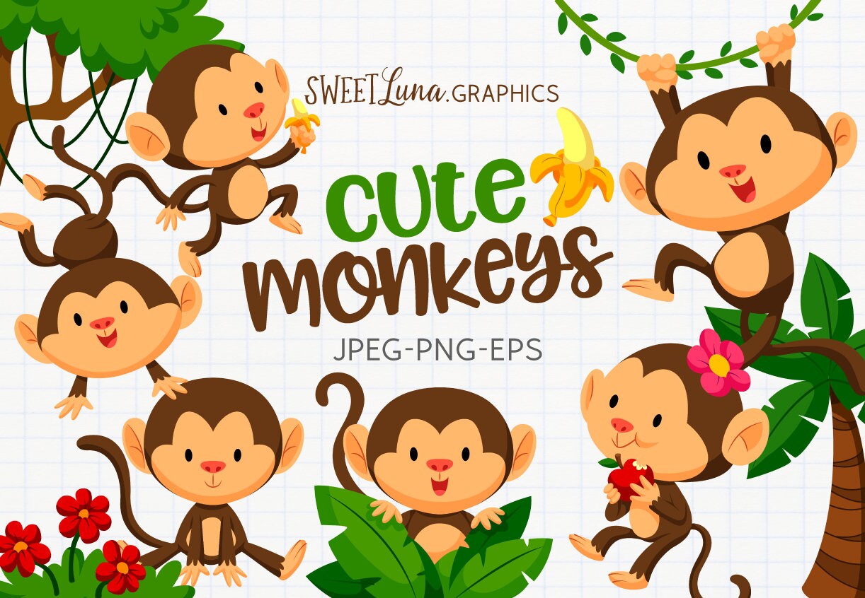 Monkey Clipart COMMERCIAL Use Jungle clip art Little | Etsy