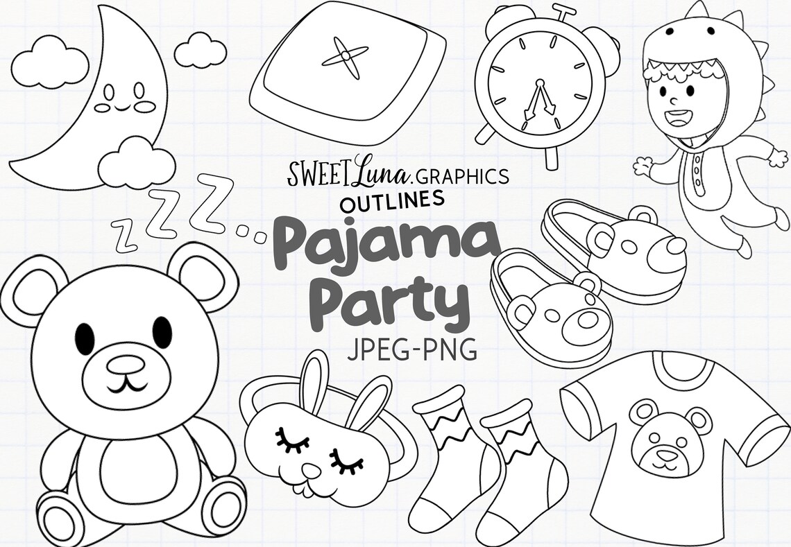 Pajama Party Outlines Clipart Slumber Party Graphics Clip - Etsy