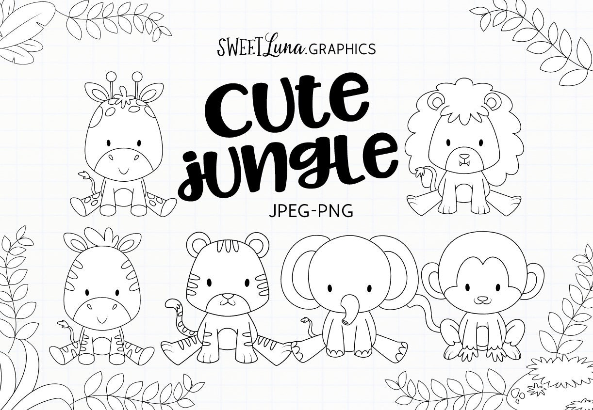 Baby Jungle Animals Outlines Clipart COMMERCIAL Use Monkey - Etsy UK