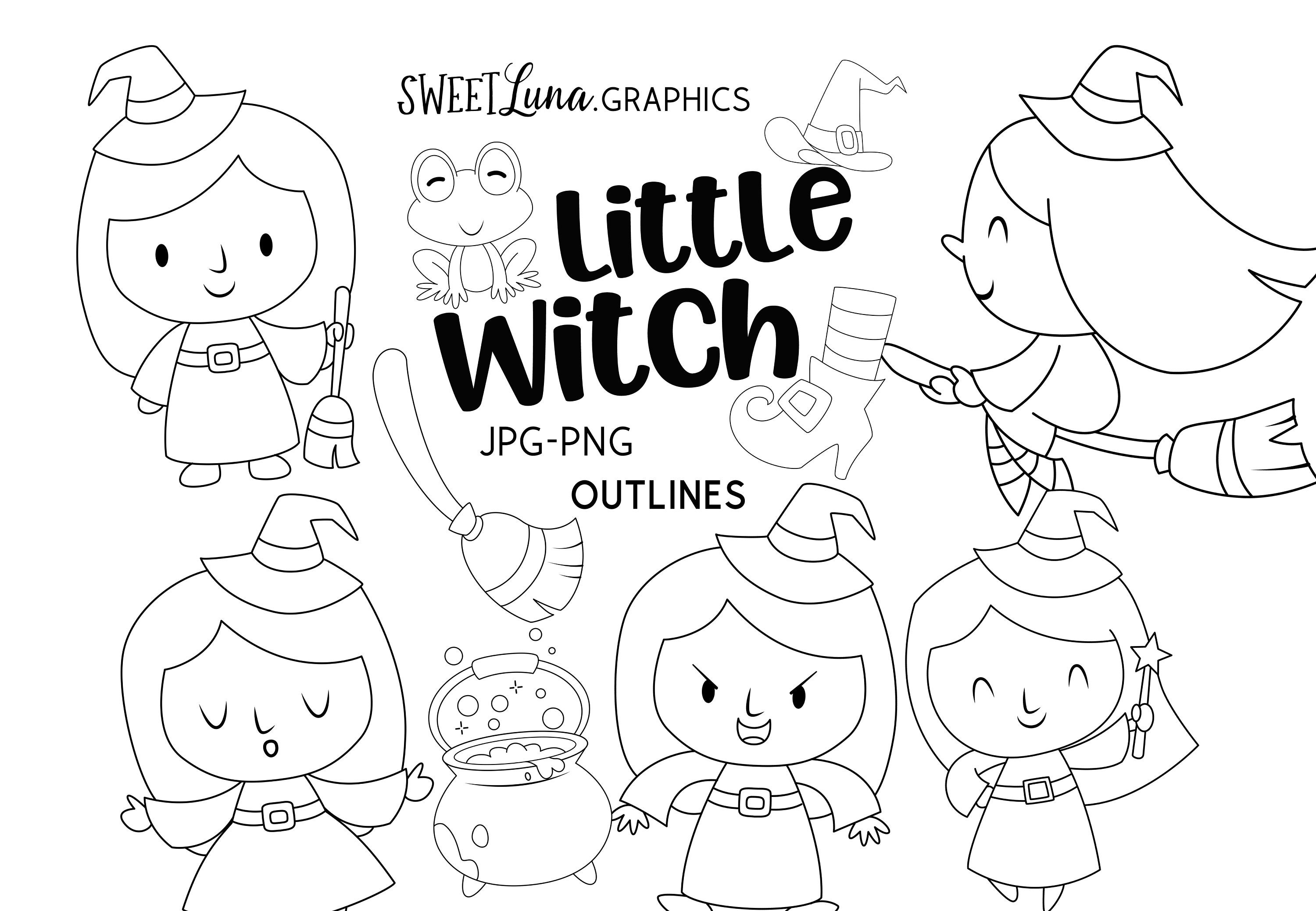 Little Witch Outlines Clipart Halloween Clipart Coloring | Etsy