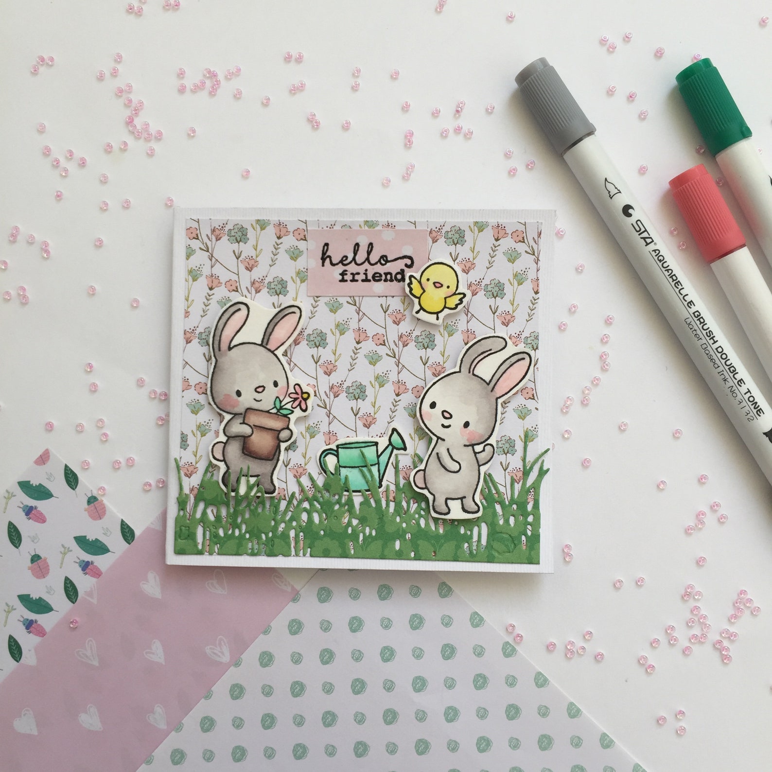 Greeting Card hello Friend Bunnies and Chick Greeting Card Friends - Etsy