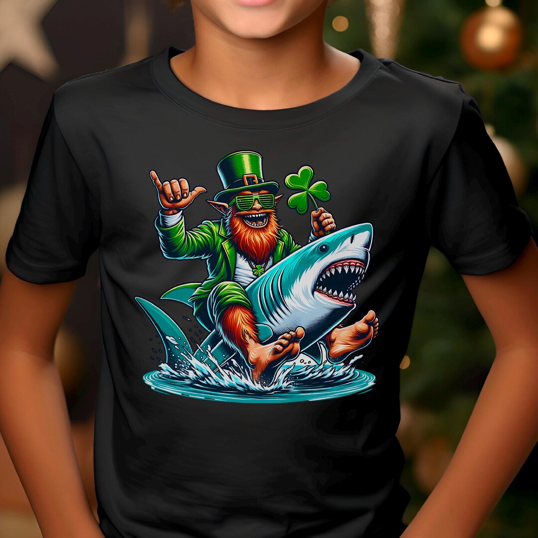Funny St Patricks Day Shirt: Bigfoot Leprechaun Riding Shark - Etsy