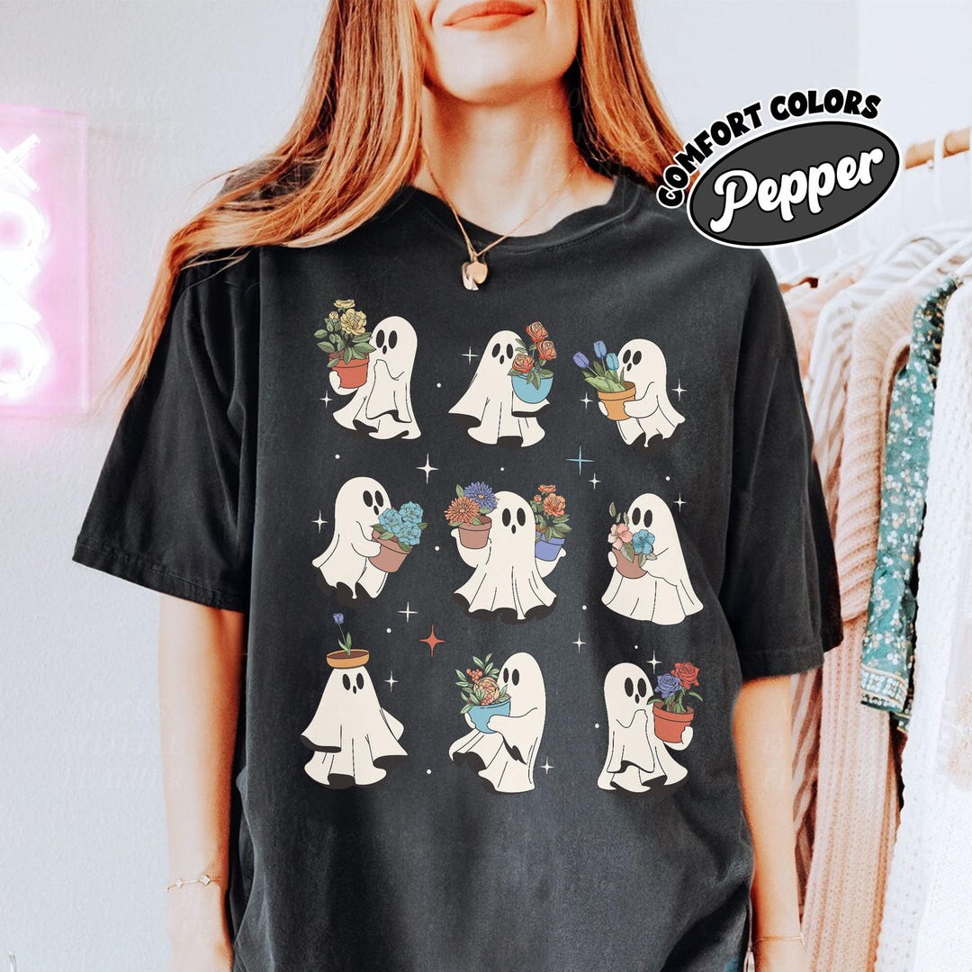 Funny Ghost Plant Lady Comfort Colors Shirt, Ghost With Flowers Plant ...