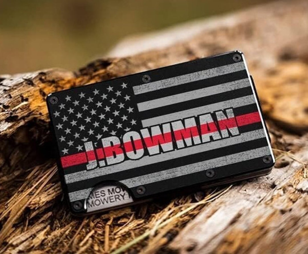 Personallised Name Thin Red Line Flag Firefighter Wallet, Engraved Hard ...