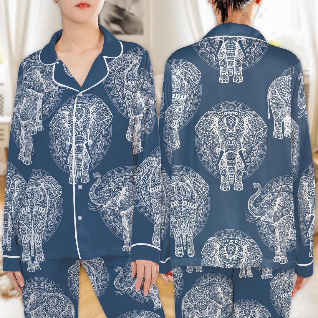 Mandala Elephant Satin Pajama Set Short & Long Sleeve, Boho Elephant ...