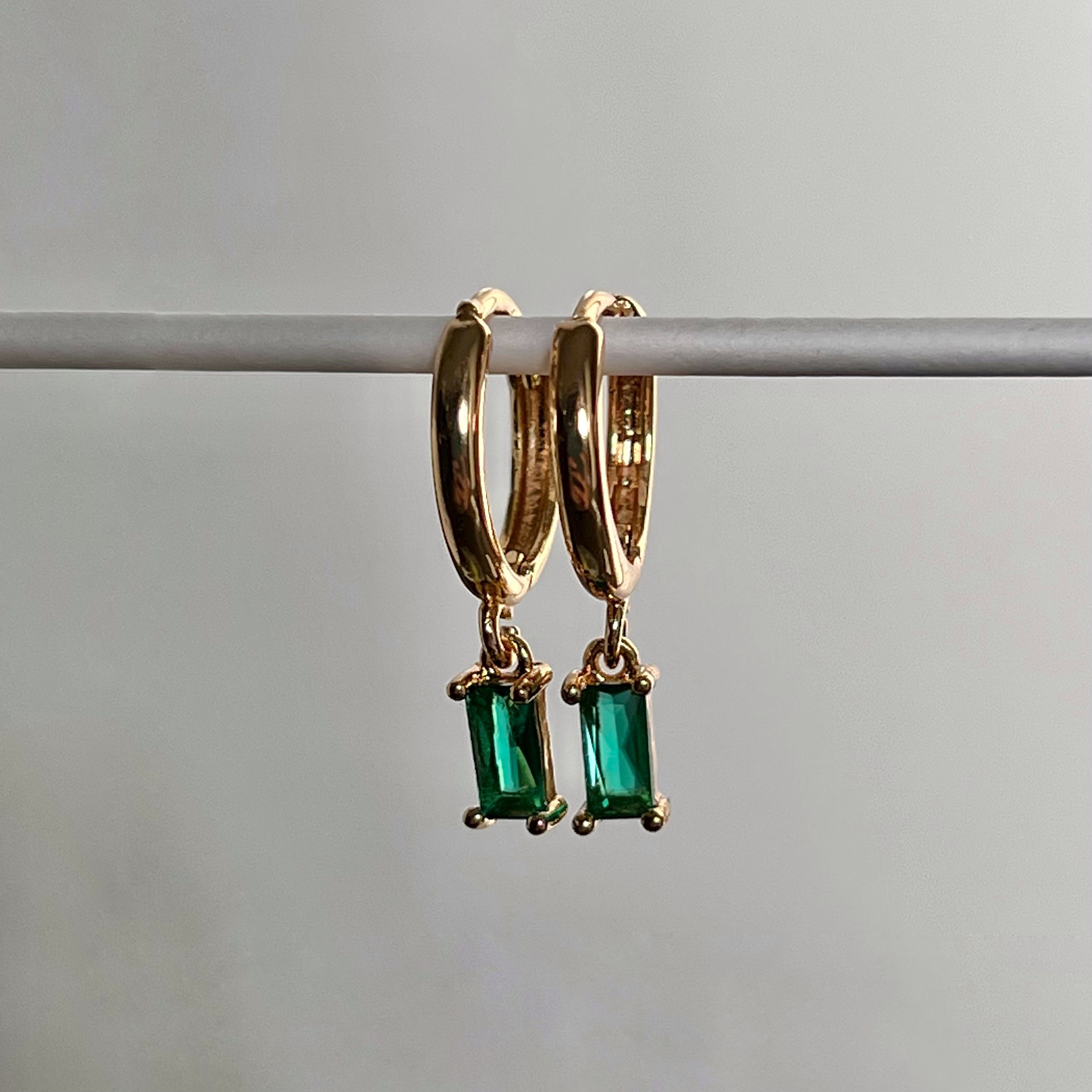 Dainty 18k Gold Plated Emerald Huggies Green Gemstone Pendant Gold Hoop ...