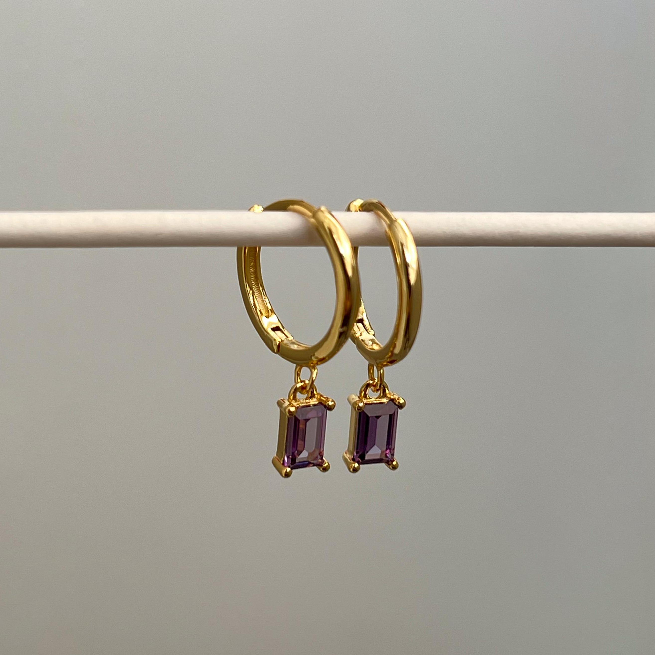 Dainty 18k Gold Plated Lilac Huggies | Hypoallergenic | Purple Gemstone ...