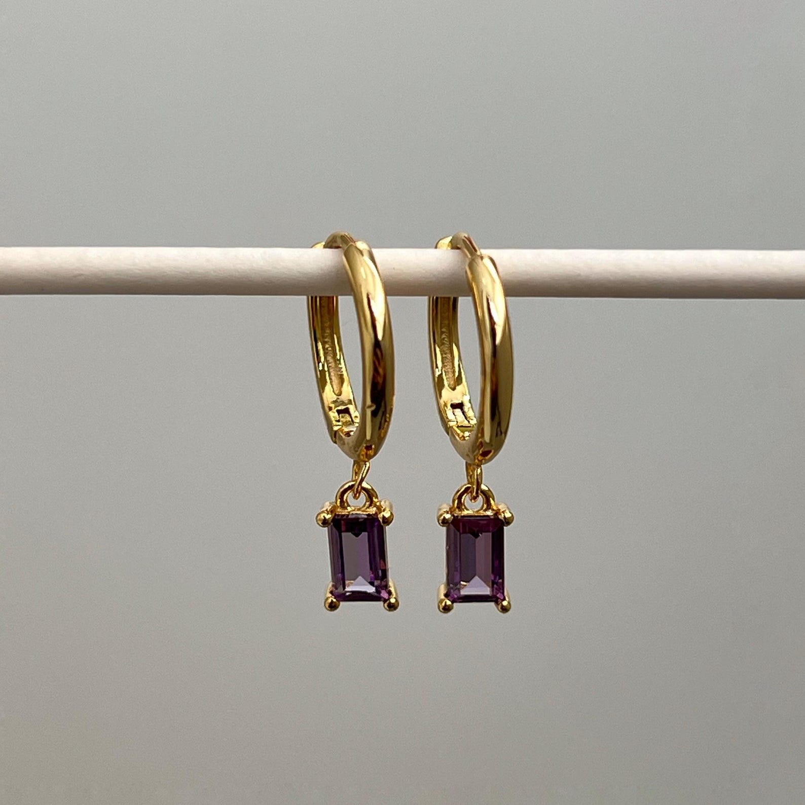Dainty 18k Gold Plated Lilac Huggies | Hypoallergenic | Purple Gemstone ...