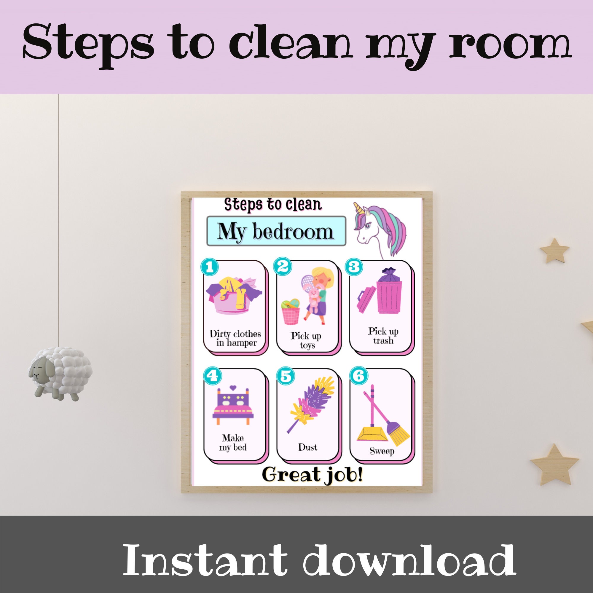 Clean My Room Chart for Children, Pink, Printable | Steps to Clean My ...