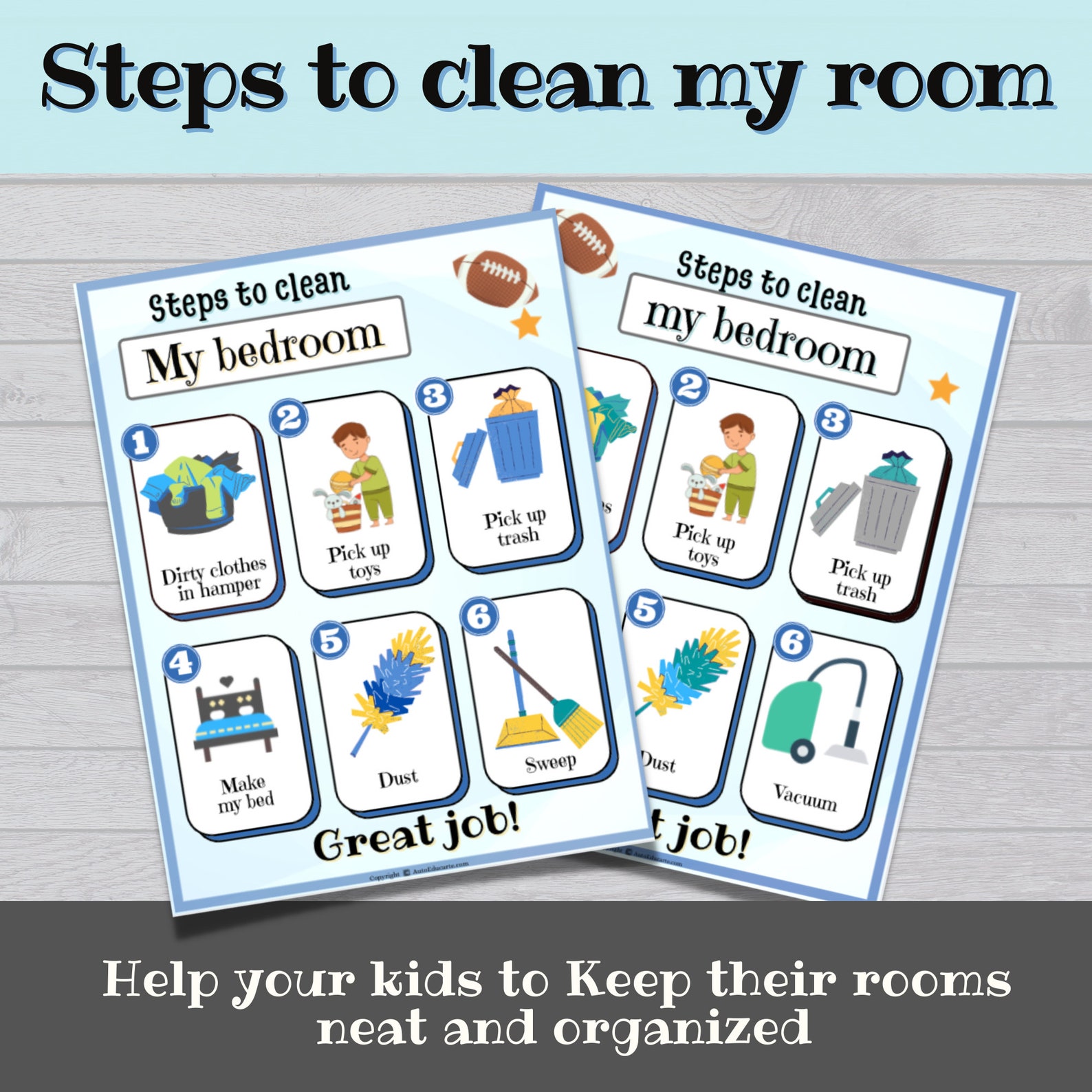 Clean My Room Chart for Children, Blue, Printable | Steps to Clean My ...