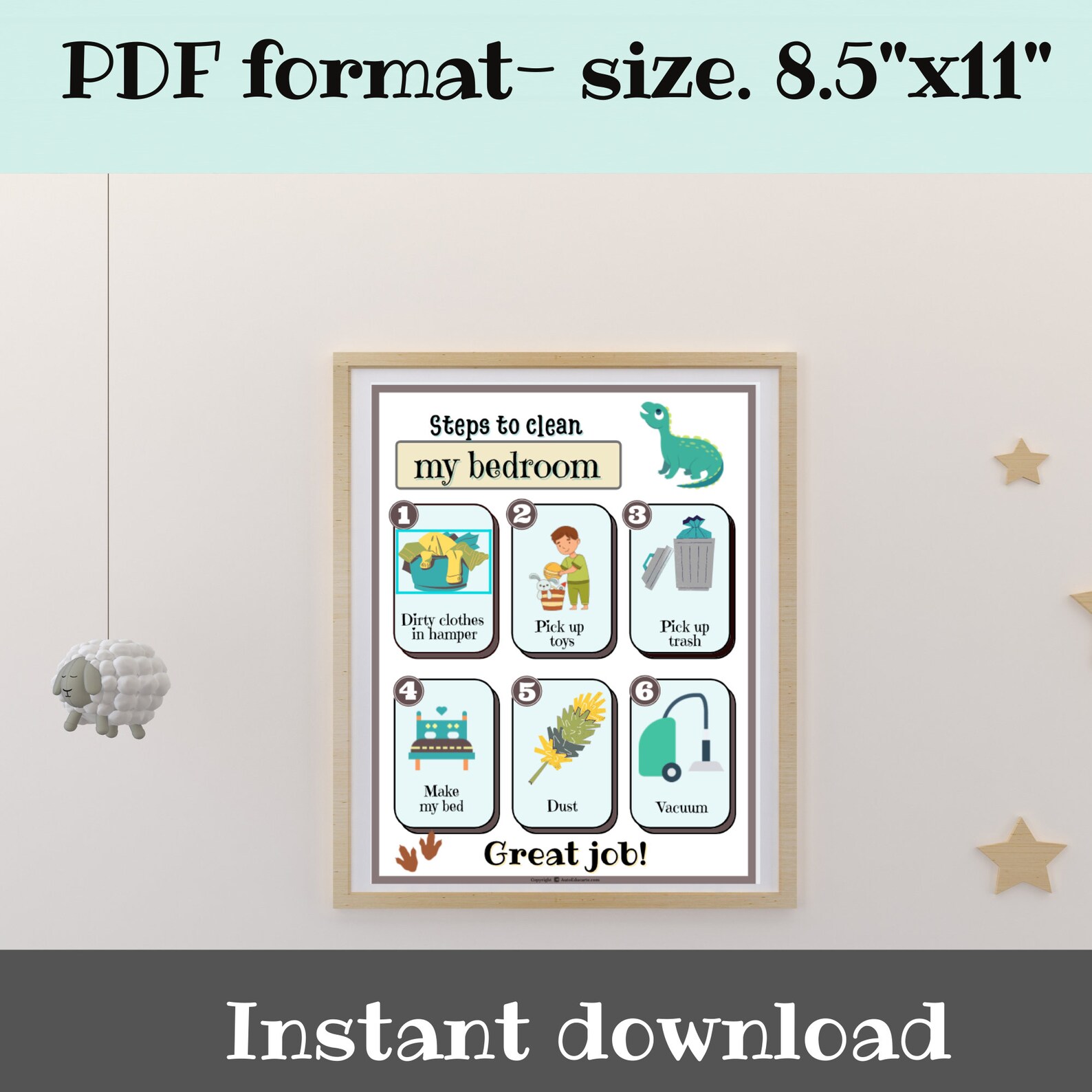 Clean My Room Chart for Children, Green, Printable | Steps to Clean My ...