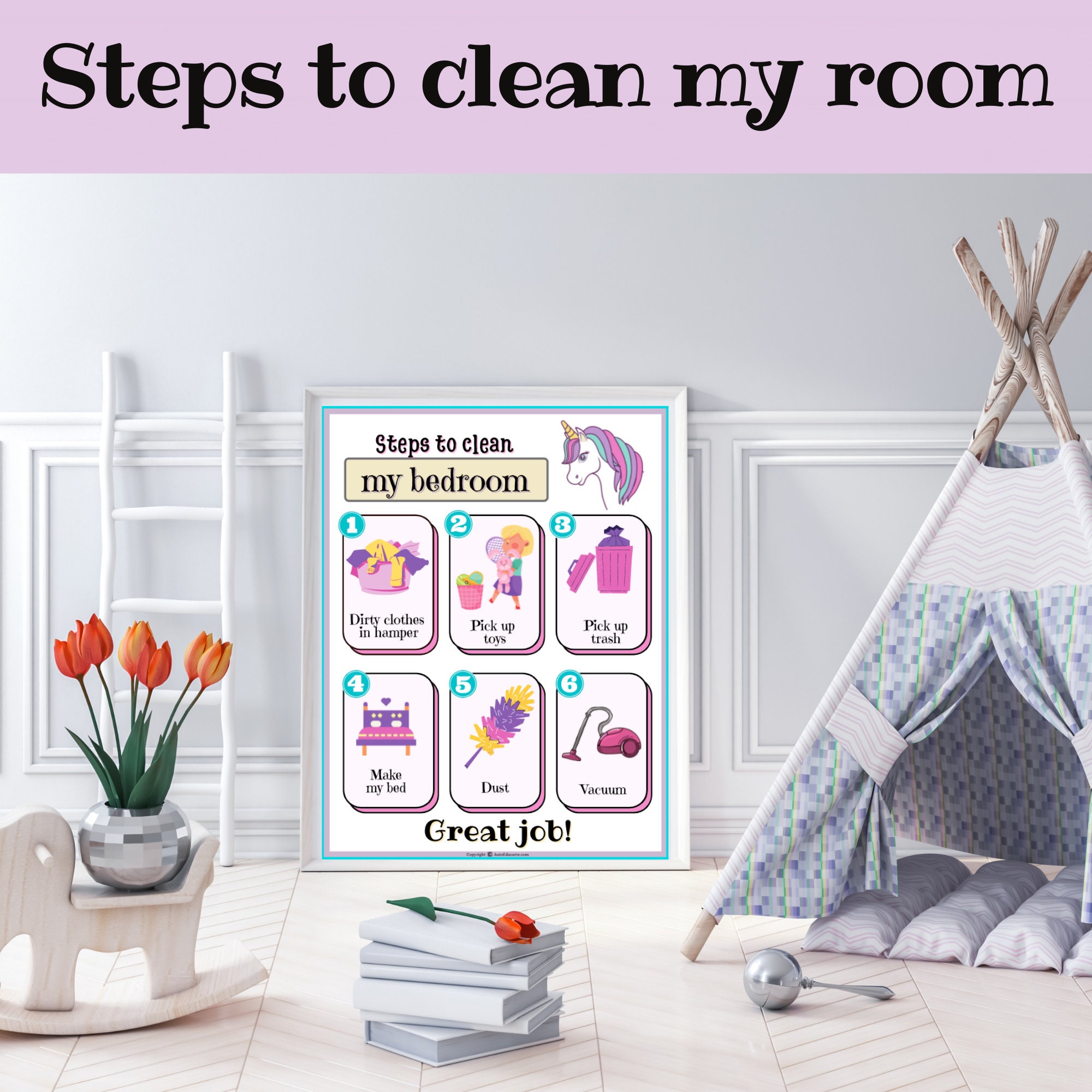 Clean My Room Chart for Children, Pink, Printable | Steps to Clean My ...